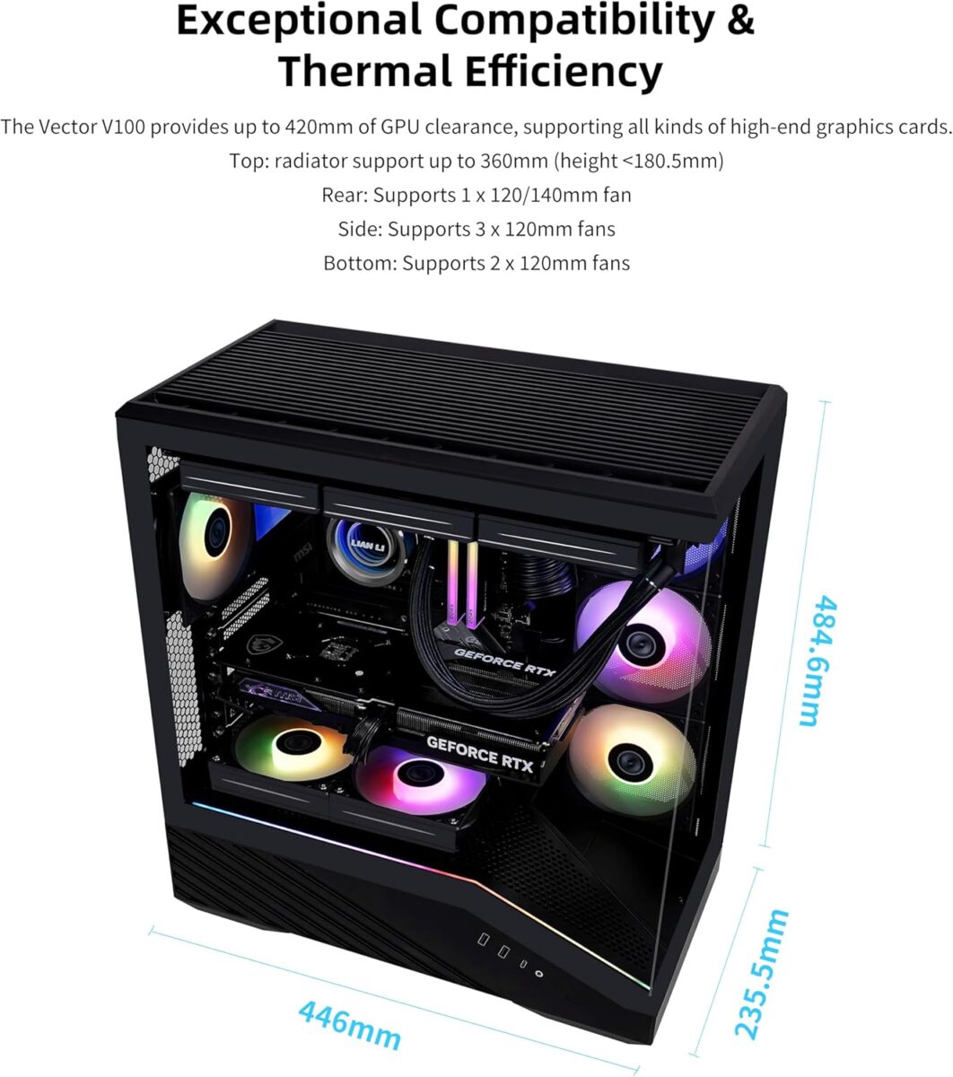 Lian Li Vector V100 Black – 4 x 120mm ARGB – LED RGB Strip – Tempered Glass – ATX Case - Technogate